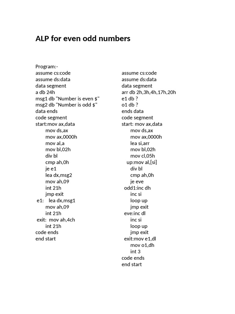 Even and Odd Number Program in Assembly | PDF