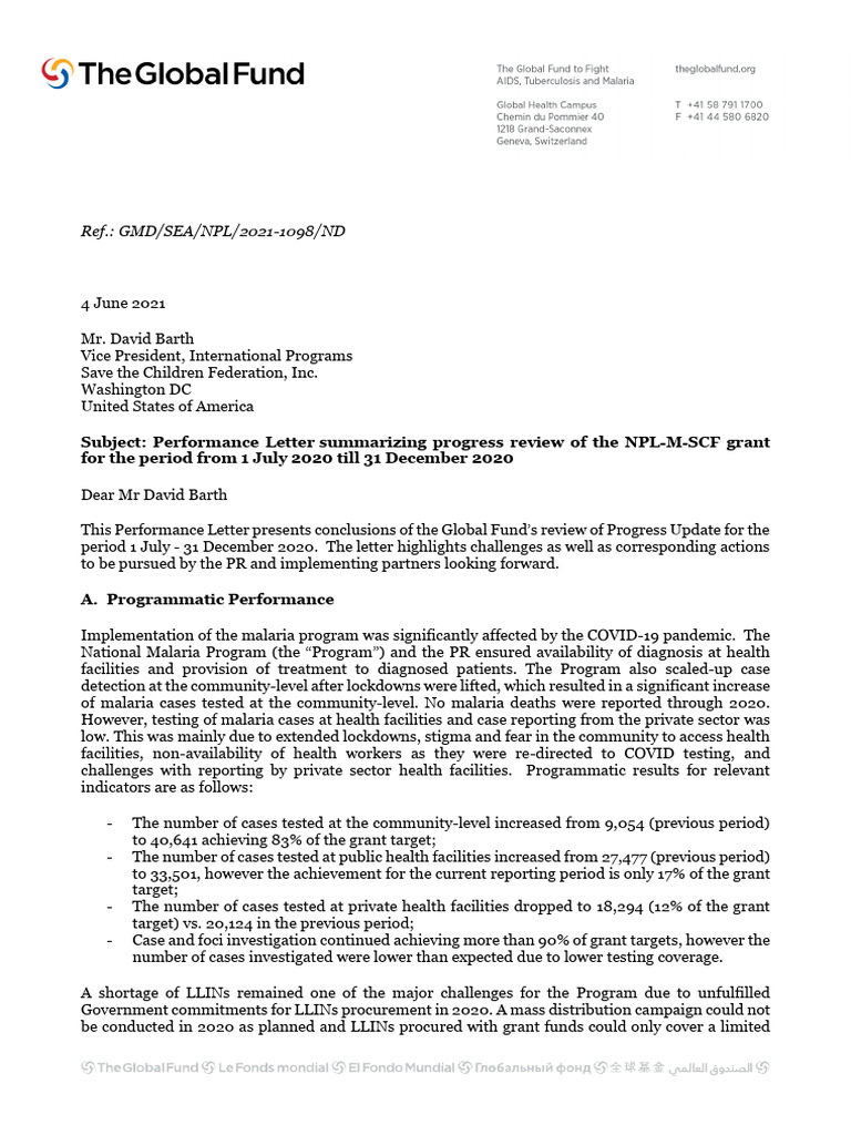 NPL M SCF Performance Letter July Dec 2020 | PDF | Malaria | Capacity Building