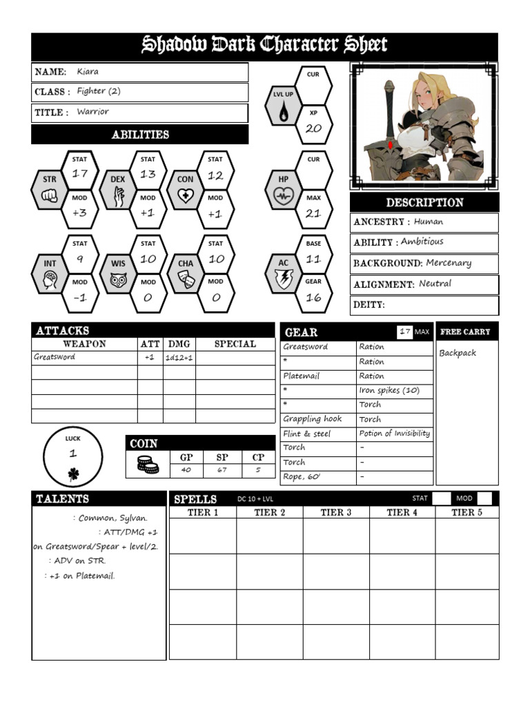 Shadow Dark Character Sheet: Fighter Stats | PDF