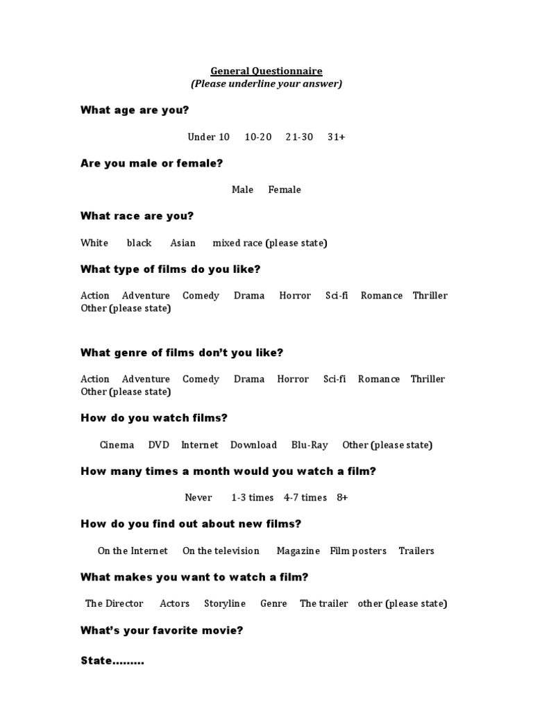 General Questionnaire | PDF | Games & Activities | General Fiction