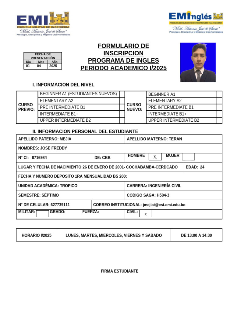 Formularios de Inscripcion Programa de Ingles I-2025 | PDF