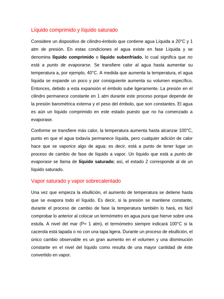 Líquido Comprimido y Líquido Saturado, Vapor Saturado y Vapor ...