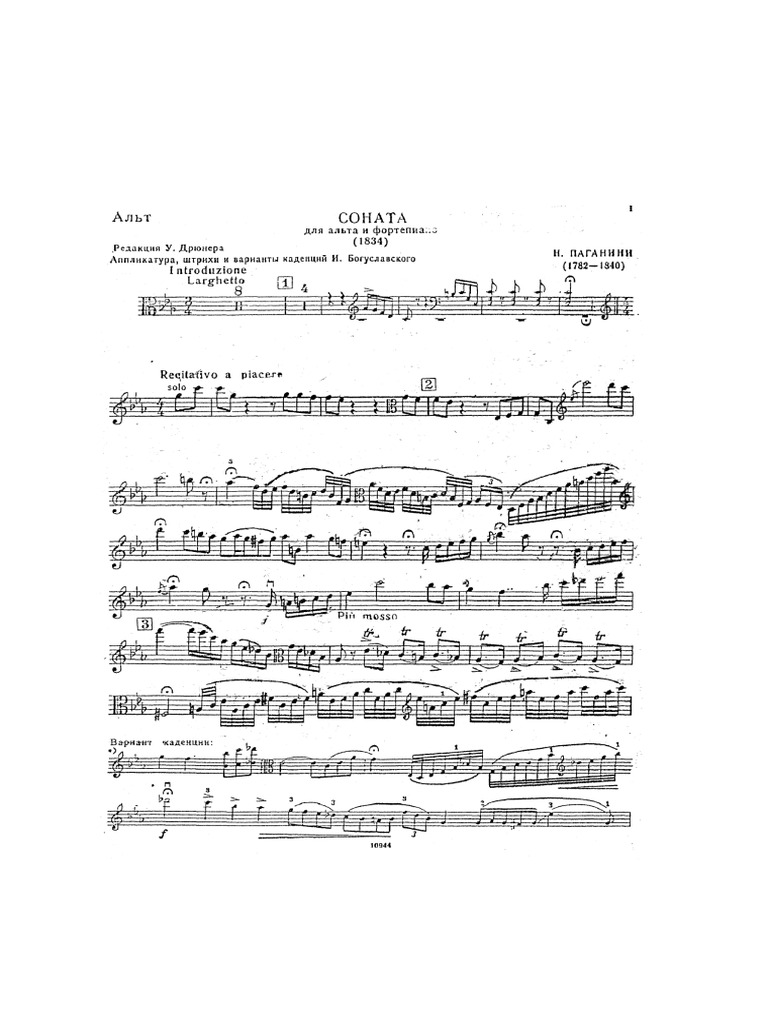 Paganini, Niccolo Sonata per la Grand Viola (Viola) | PDF