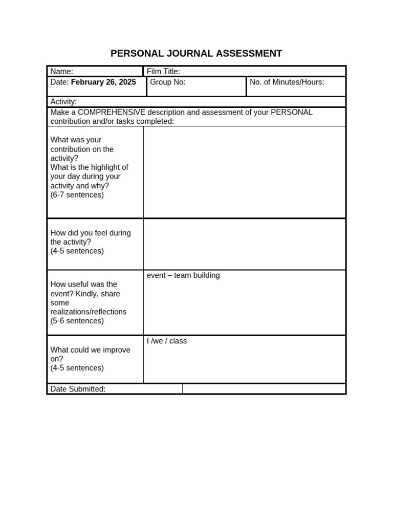 Personal Journal Assessment Template | PDF