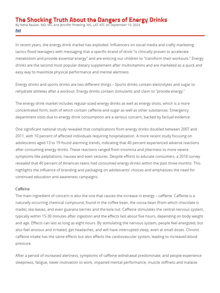 Dangers of Energy Drinks for Teens | PDF | Caffeine | Sugar Substitute