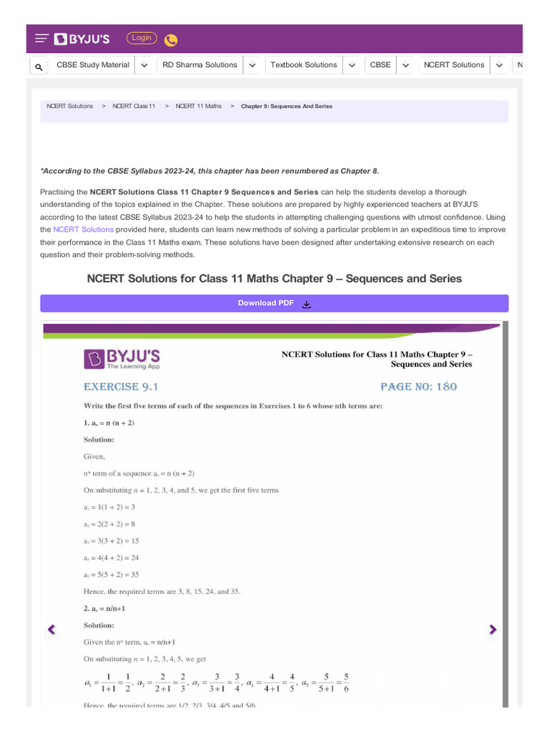 Class 11 Maths: Sequences & Series Solutions | PDF | Mathematics ...