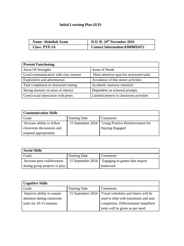 Initial Learning Plan ILP Abdullah Azam | PDF | Individualized Education Program | Classroom