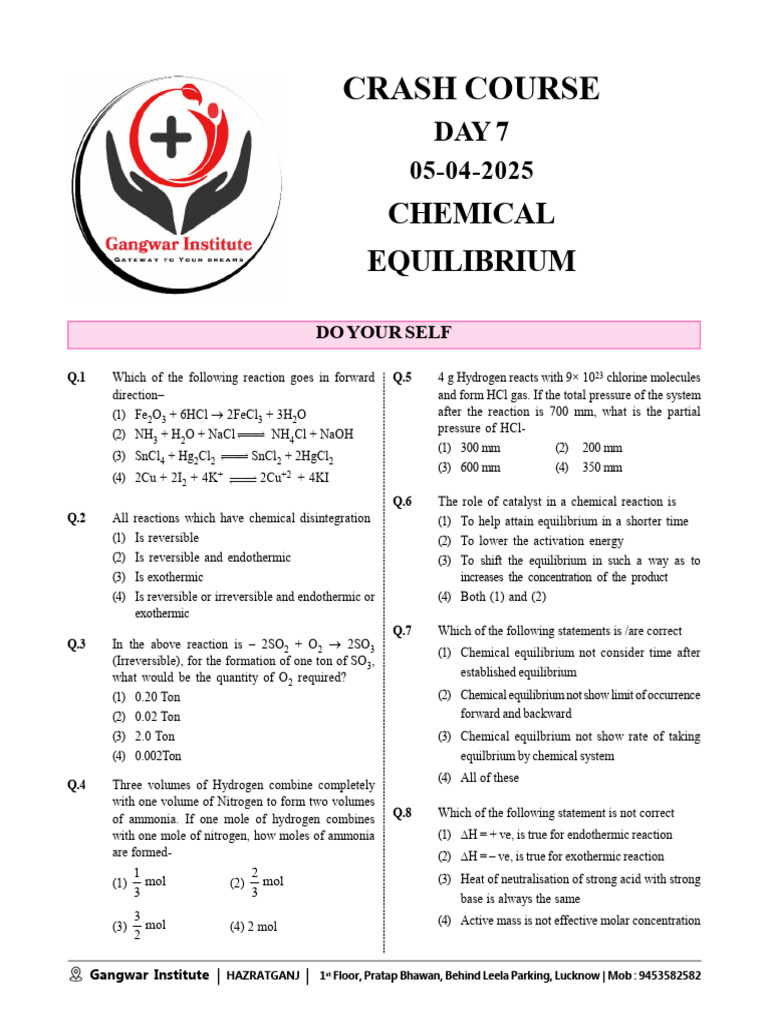 Chemical Equilibrium Practice Questions | PDF | Chemical Equilibrium | Reaction Rate