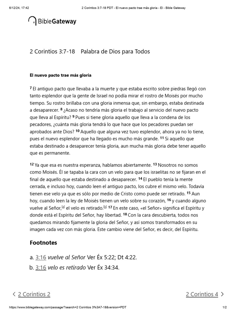 2 Corintios 3 - 7-18 PDT - El Nuevo Pacto Trae Más Gloria - El - Bible Gateway | PDF | Velo ...