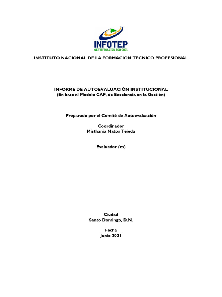 Informe Autoevaluacin INFOTEP 2021 | PDF | Planificación estratégica | Pequeñas y medianas empresas