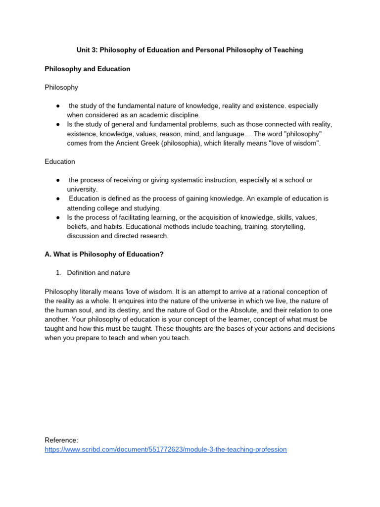 Unit 3 - Philosophy of Education and Personal Philosophy of Teaching | PDF