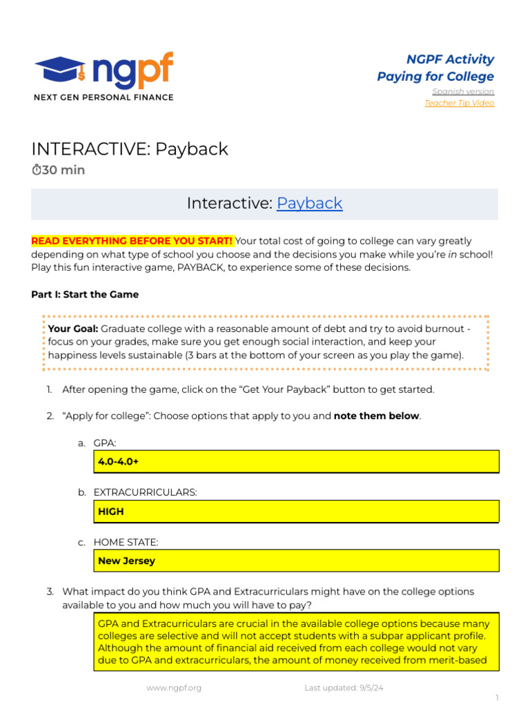Payback Game: College Decision Impact | PDF | Student Financial Aid In ...
