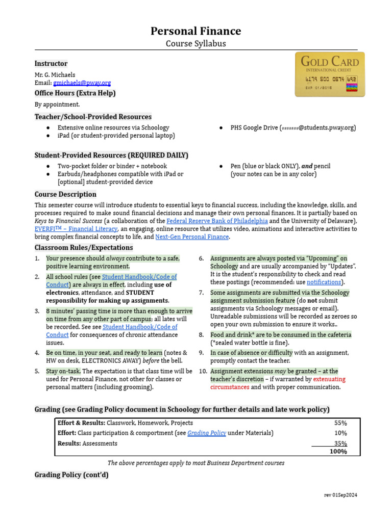PHS Personal Finance Syllabus_ 2024-25 | PDF | Academic Integrity ...