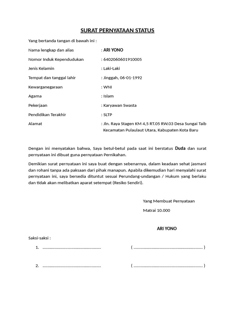 SURAT PERNYATAAN STATUS | PDF