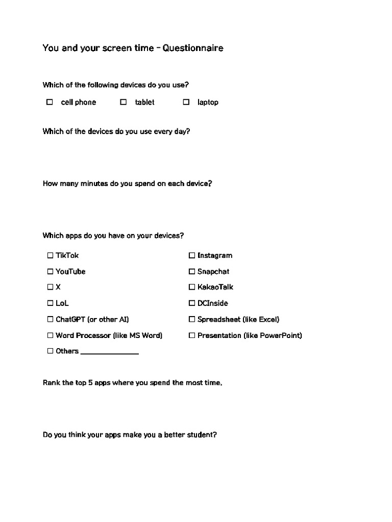 Screen Time Questionnaire | PDF
