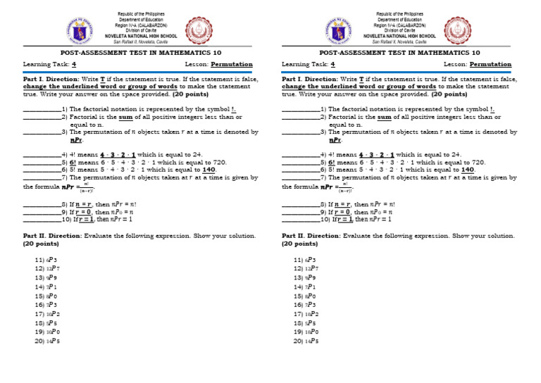 Permutation Assessment for Grade 10 | PDF | Group (Mathematics ...
