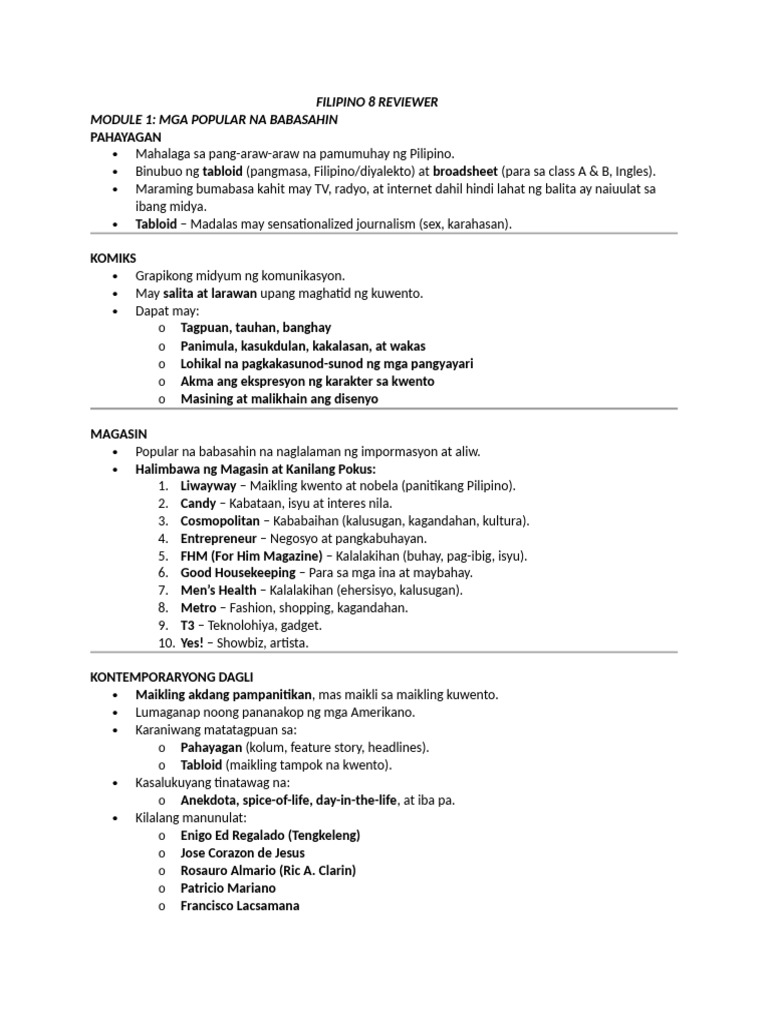 Filipino 8 Reviewer Q3 | PDF