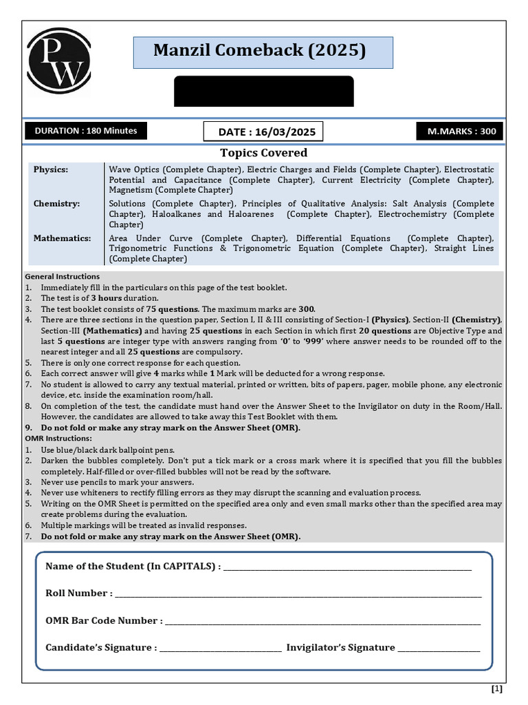 Comprehensive Practice Test for Physics, Chemistry, and Mathematics ...