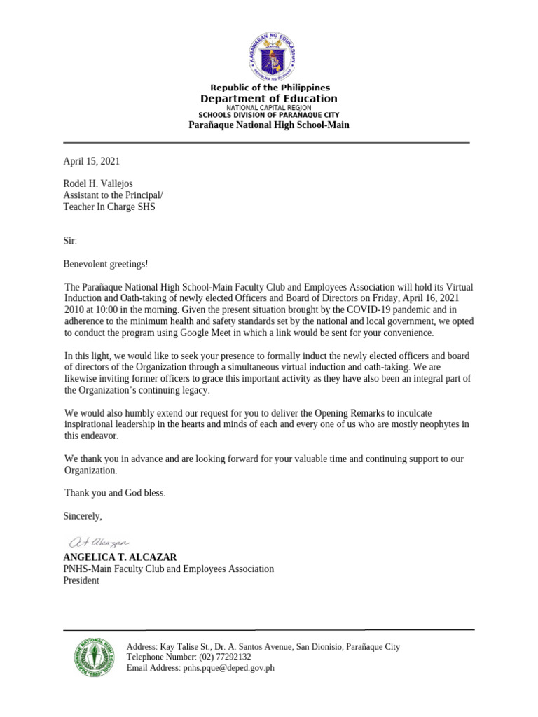Invitation Letter For Faculty Club Oath-Taking | PDF