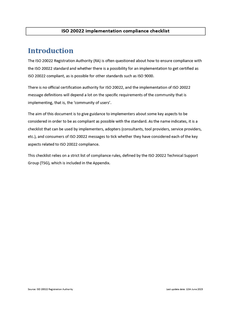 ISO20022 ComplianceChecklist | PDF | Xml Schema | Xml