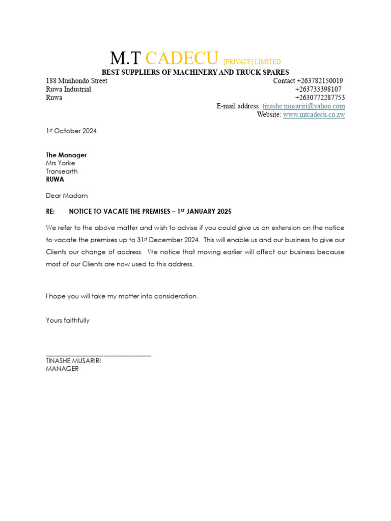 Tinashe Letter To Vacate | PDF