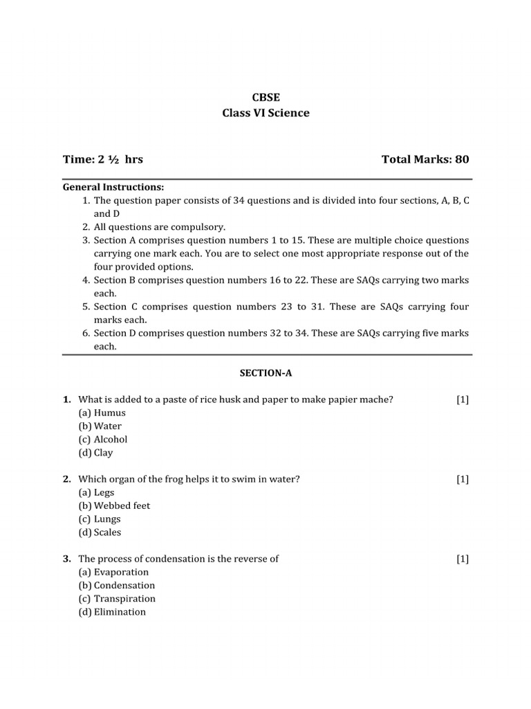 Class - 6 Science Model Questions | PDF | Leaf | Combustion