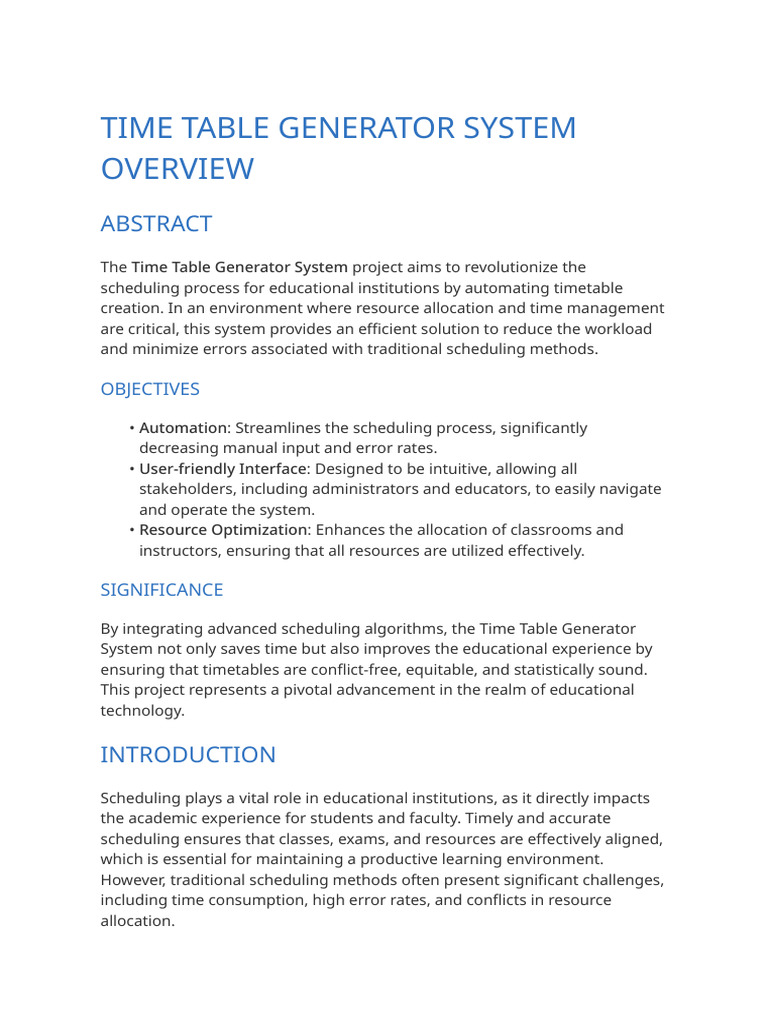 Automated Time Table Generator System | PDF | Databases | Class ...