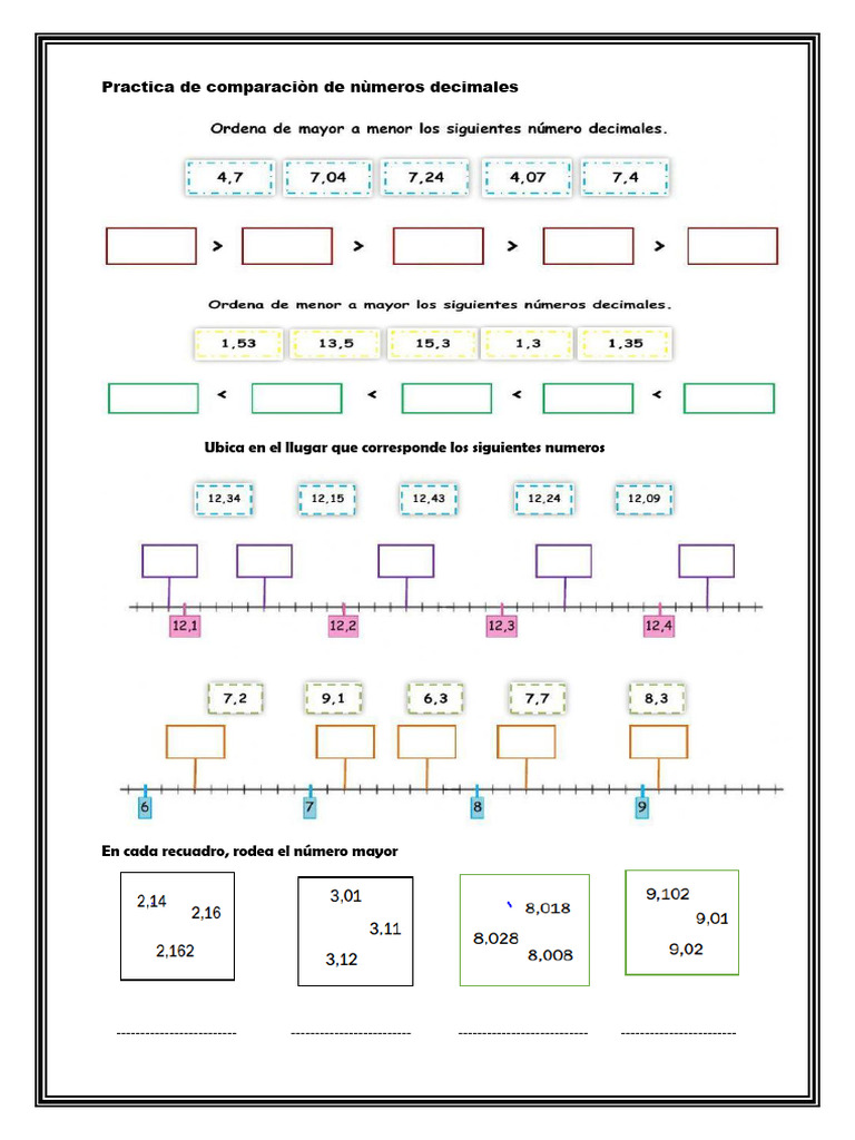Practica de Comparaciòn de Nùmeros Decimales | PDF