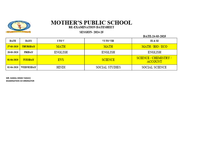 2024-25 Re-Examination Datesheet | PDF