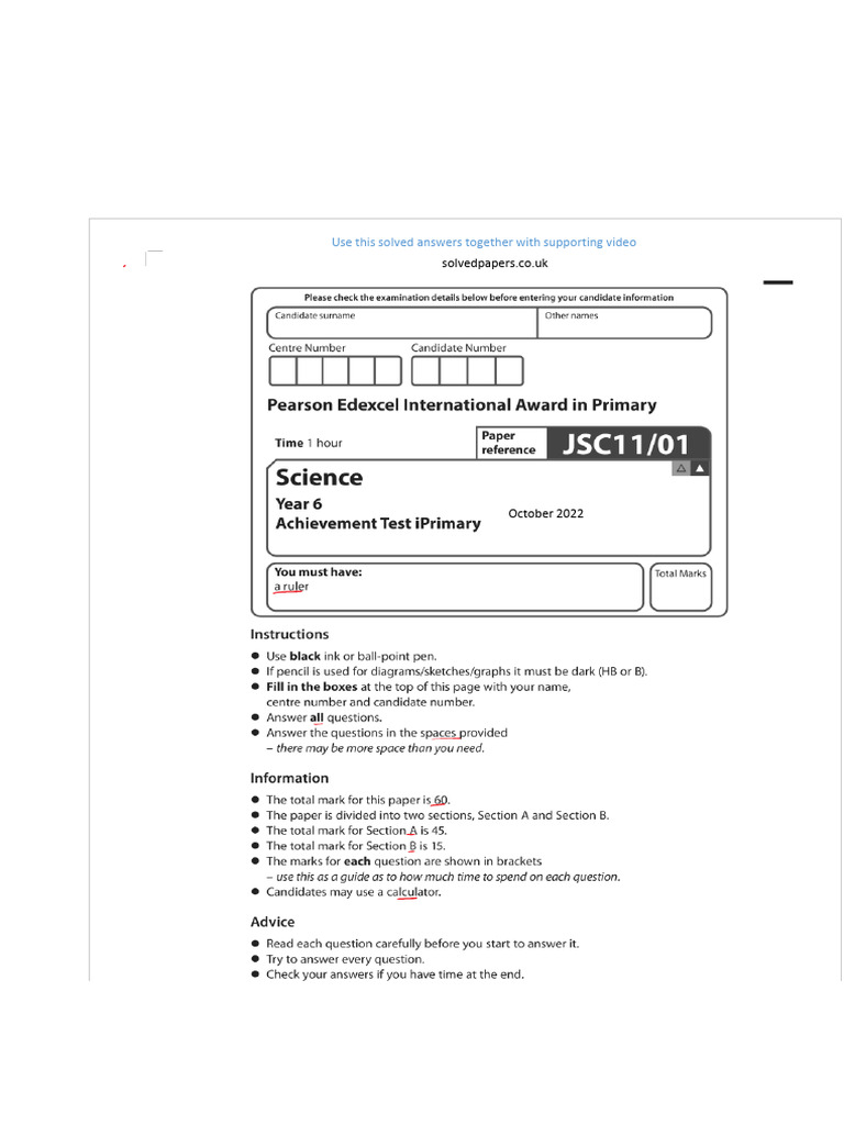 Edexcel Iprimary Science Oct 2022 Solved | PDF