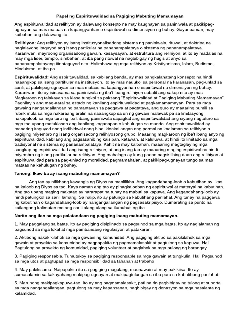 Papel NG Espirituwalidad Sa Pagiging Mabuting Mamamayan | PDF