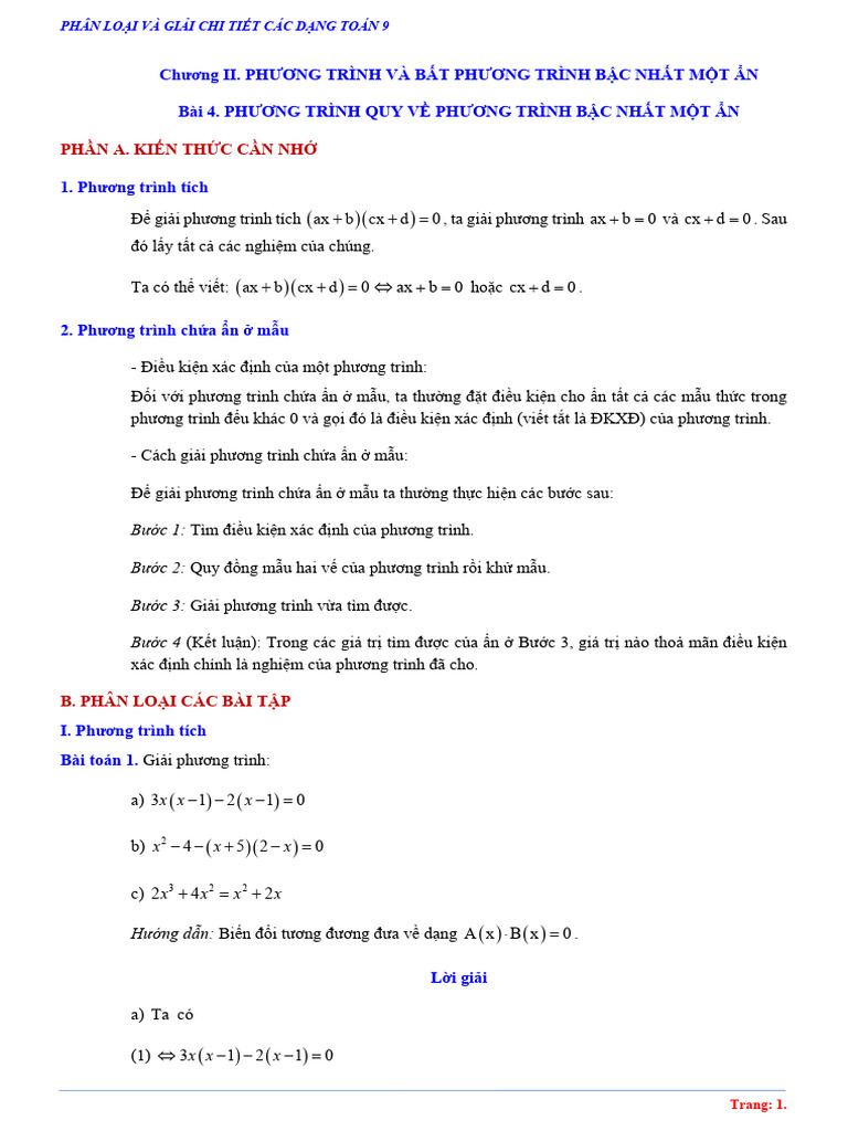 Cac Dang Toan Phuong Trinh Va Bat Phuong Trinh Bac Nhat Mot an Toan 9 | PDF
