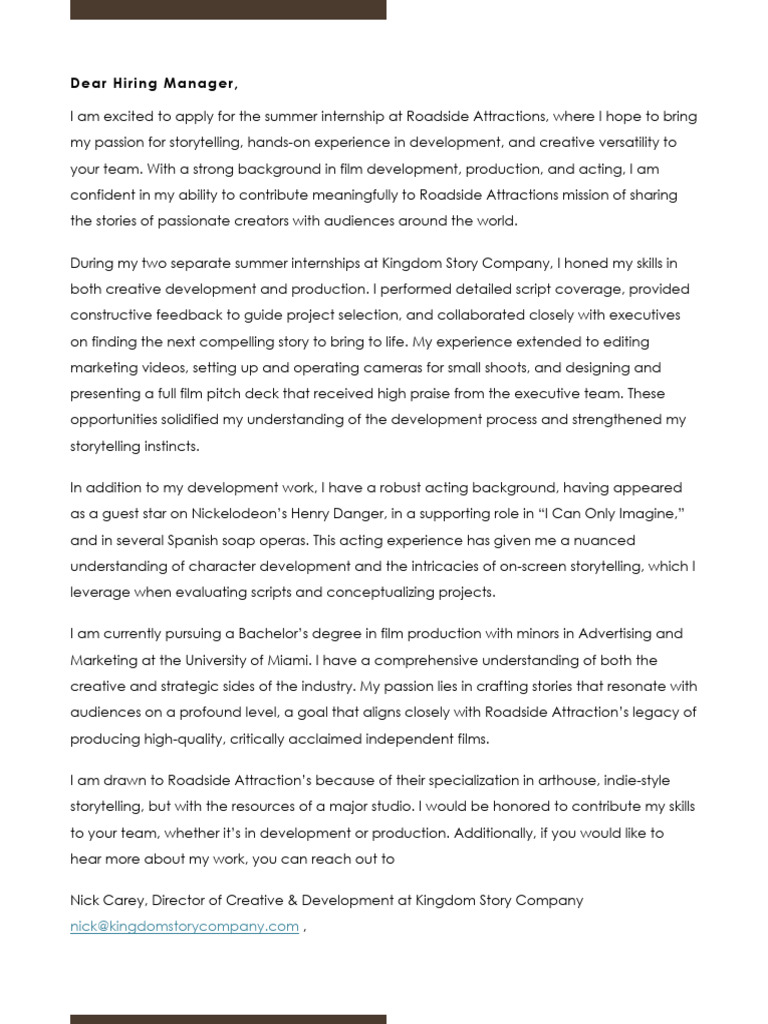 Roadside Attraction's Cover Letter | PDF