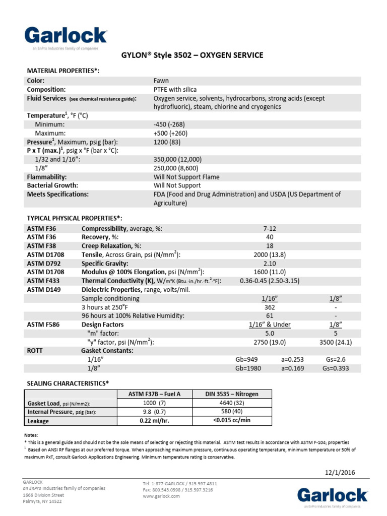 Garlock GYLON Style 3502 Spec Sheet - (NA) 2016-12 EN | PDF | Materials ...