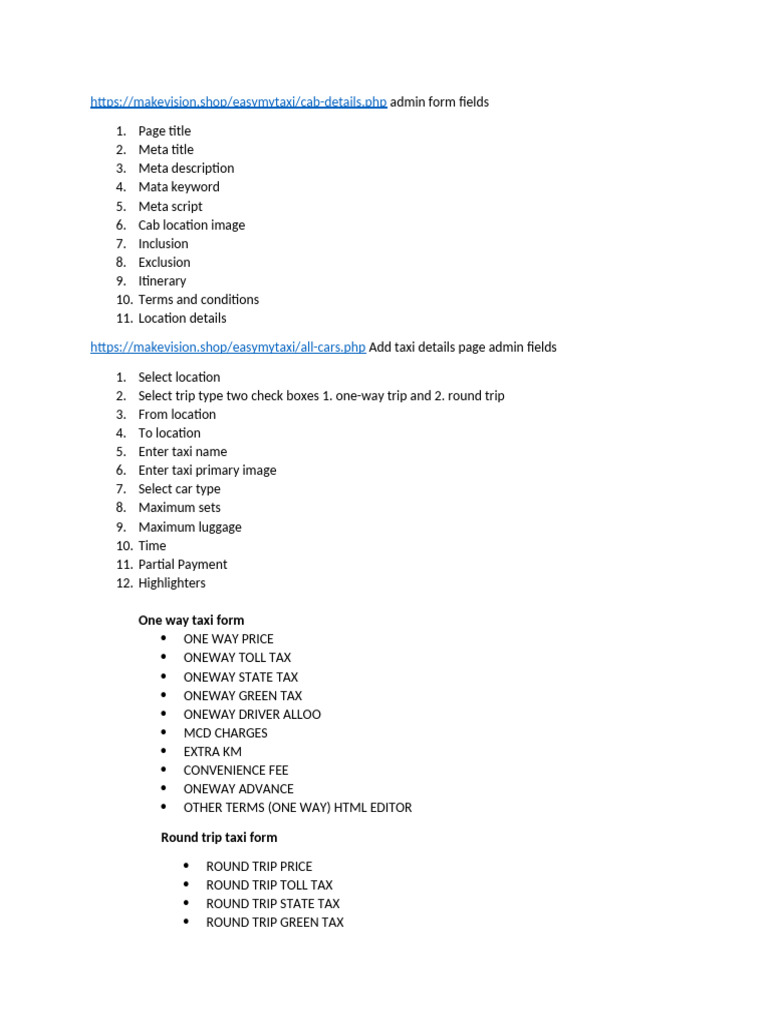Taxi Booking Admin Form Fields Guide | PDF