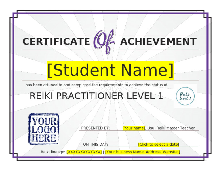 Reiki Practitioner Level 1 Certificate | PDF