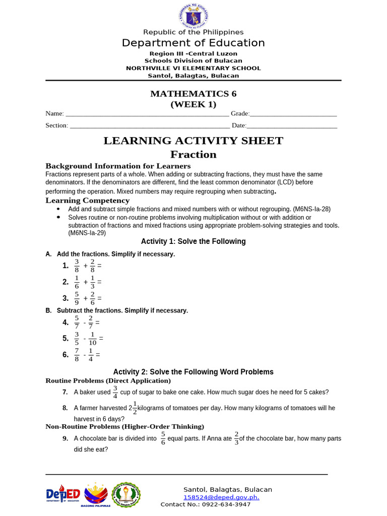 Math 6 Learning Activity: Fractions & Decimals | PDF | Multiplication ...