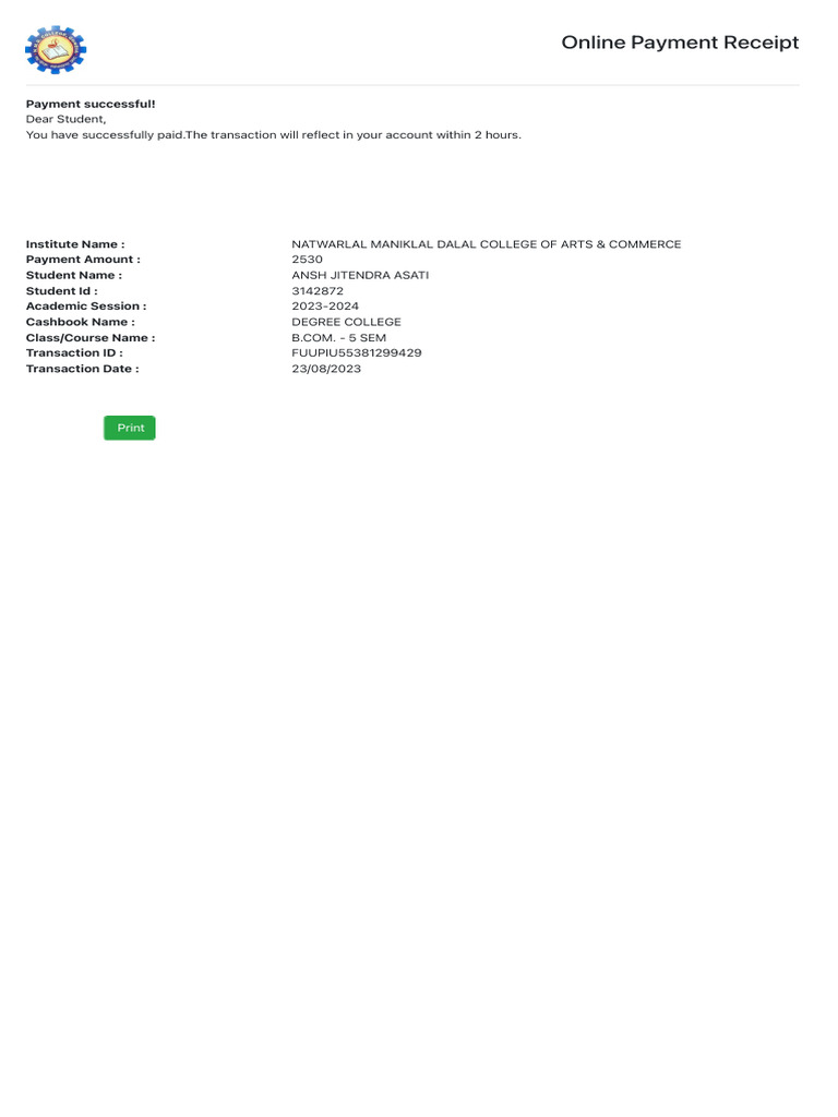 Online Payment Receipt for B.Com. 5th Sem | PDF