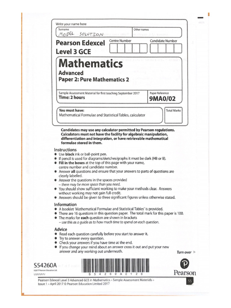 Sample A Level Paper 2 Pure Mathematics 2 | PDF