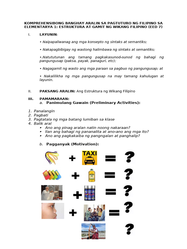 Komprehensibong Banghay Aralin Sa Pagtuturo NG Filipino Sa Elementarya 1 | PDF