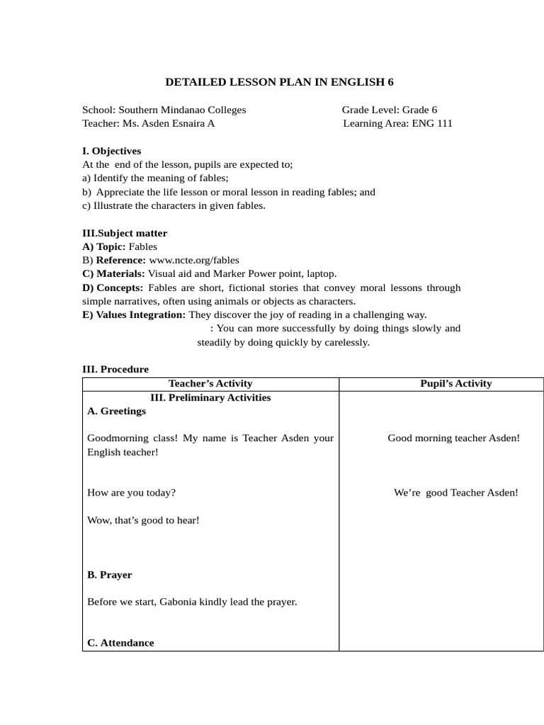 Fables Lesson Plan for Grade 6 | PDF | Fable | Lesson Plan