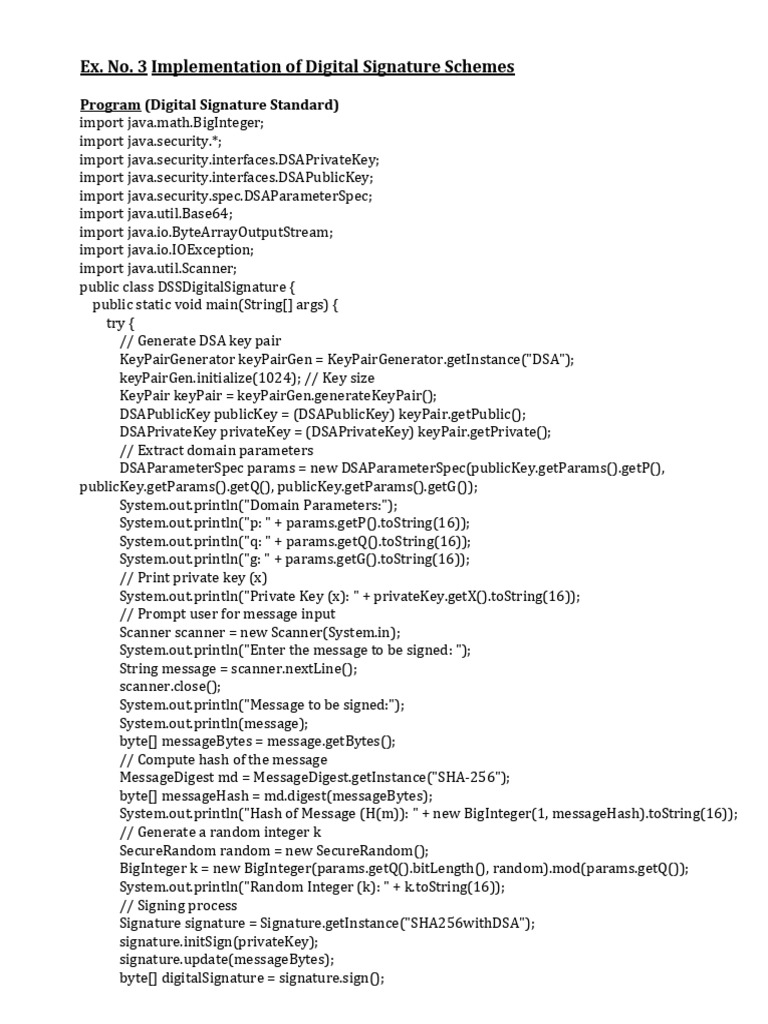 Ex. No.3 Digital Signature Standard | PDF | String (Computer Science) | Algorithms