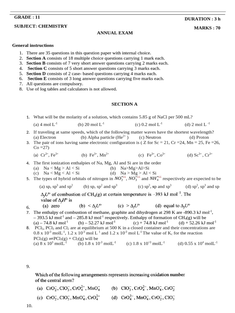 Chem Sample Paper Class 11 | PDF | Mole (Unit) | Ion
