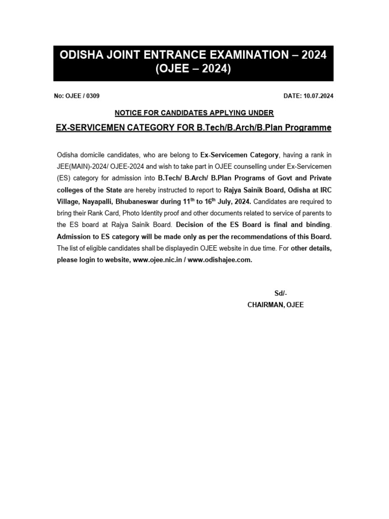 Odisha Joint Entrance Examination - 2024 (OJEE - 2024) : EX-SERVICEMEN ...