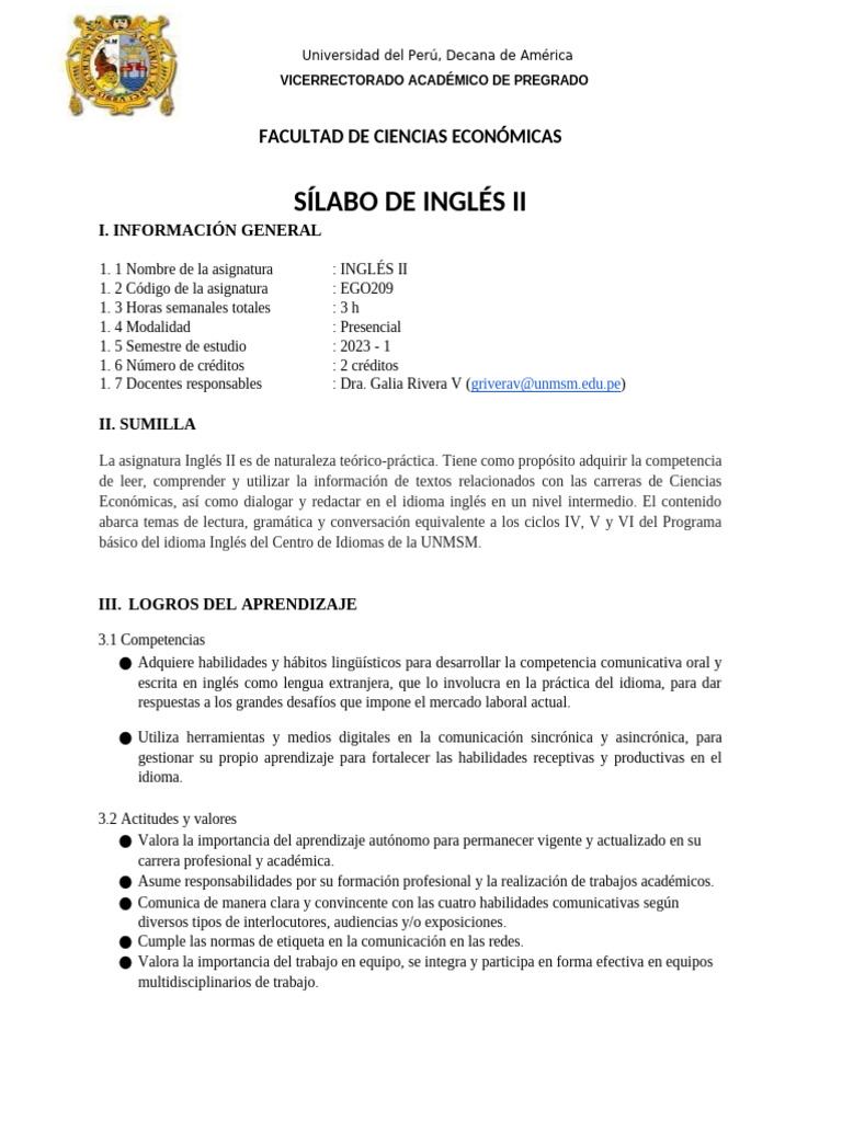 Silabo Inglés Ii | PDF | Evaluación | Rúbrica (Académica)