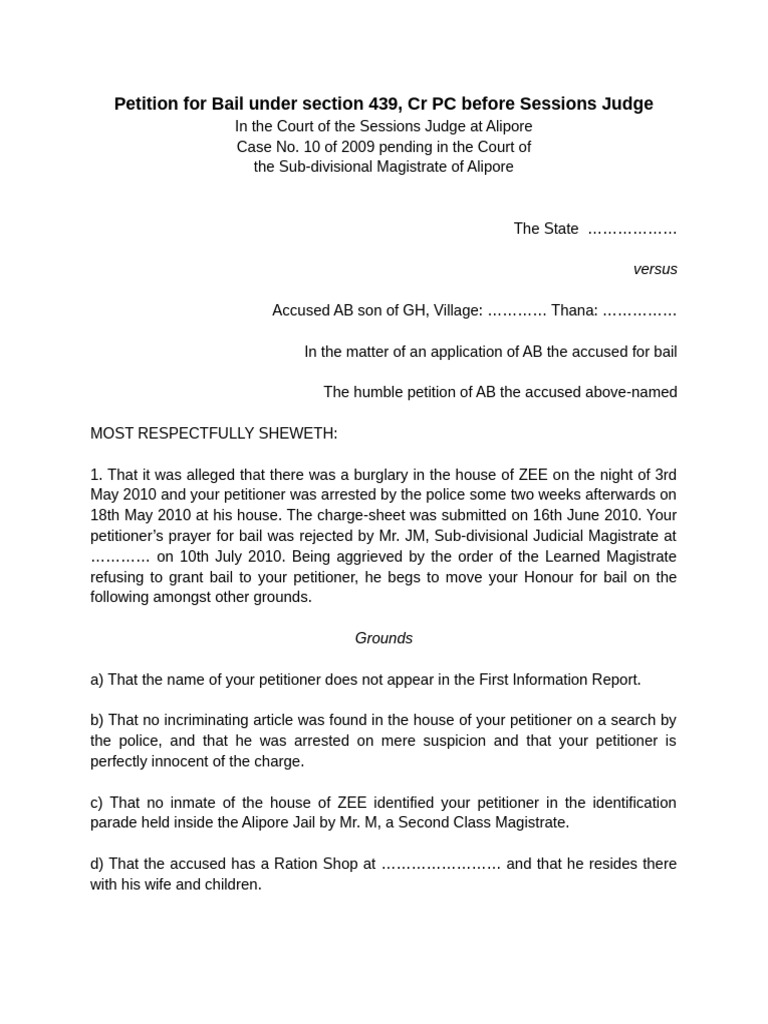 Petition For Bail Under Section 439, CR PC Before Sessions Judge | PDF | Bail | Prosecutor