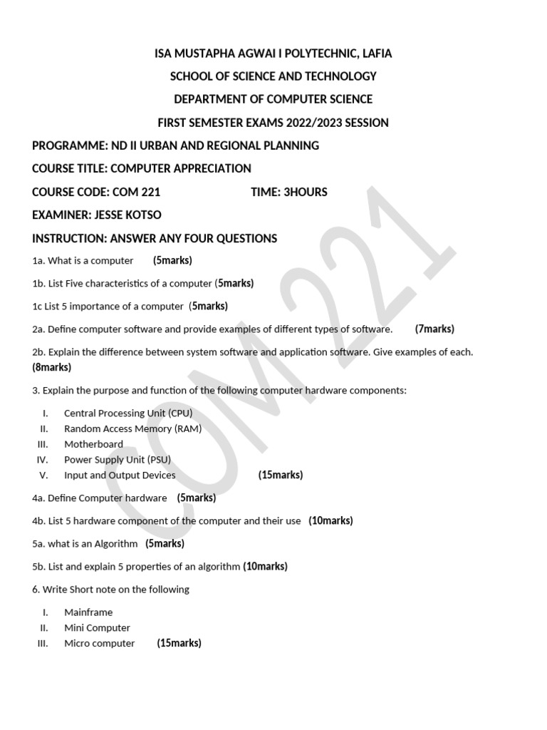 COM 221 Computer Appreciation Exam Guide | PDF