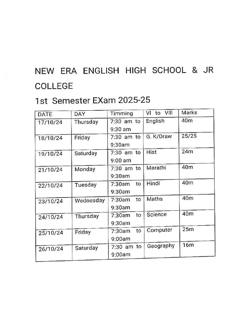 1st Semester Exam Time Table 2024-25 | PDF