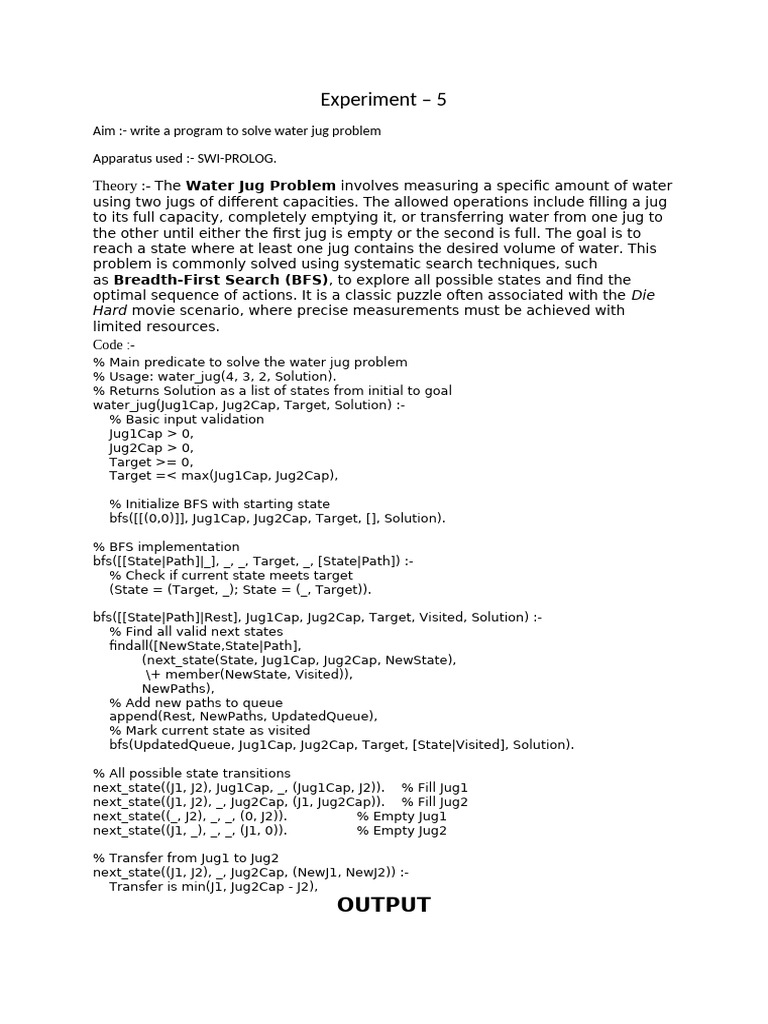 Solve Water Jug Problem in Prolog | PDF