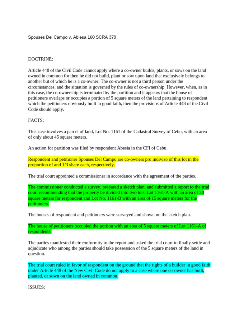 Co-Ownership Dispute: Del Campo v. Abiesa | PDF | Civil Law (Legal ...